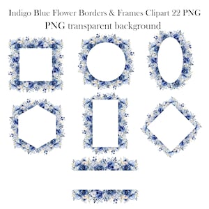 Indigo Blue Flower Border Clipart, Watercolor Flower Borders PNG Bundle ...