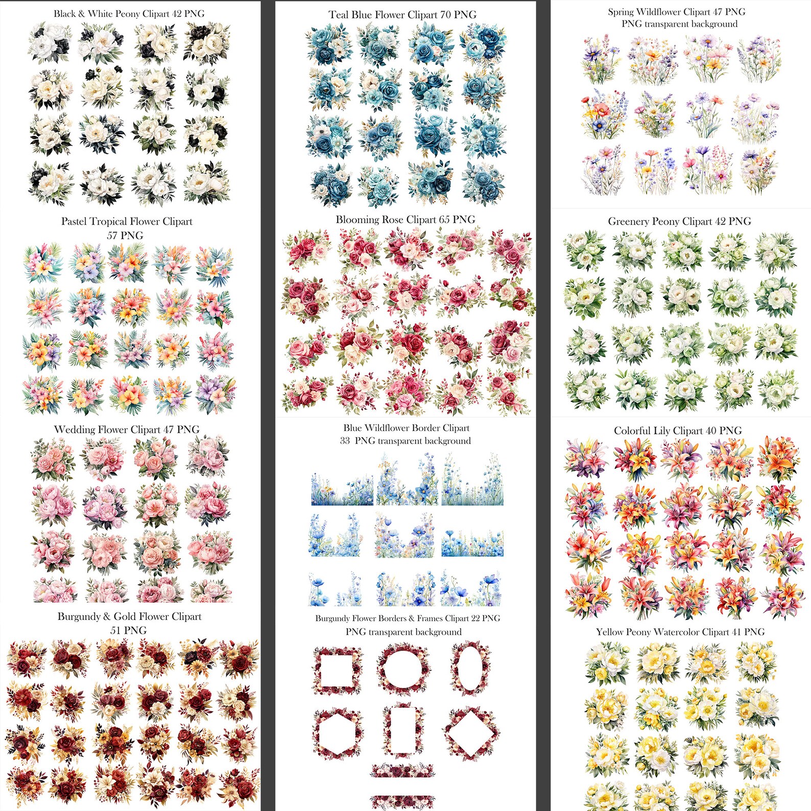 Flower Clipart Bundle, Watercolor Floral Clipart, Flower PNG ...