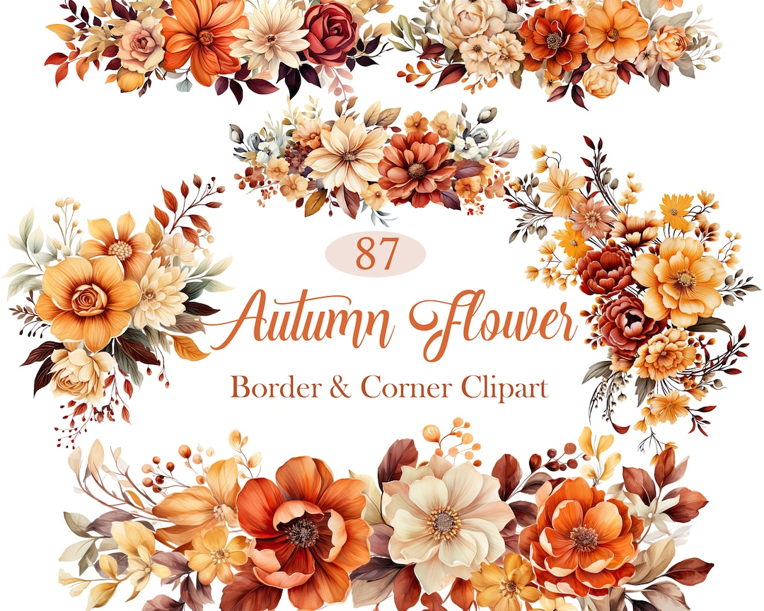 Autumn Flower PNG, Watercolor Fall Flower Border Clipart, Flower Corner ...