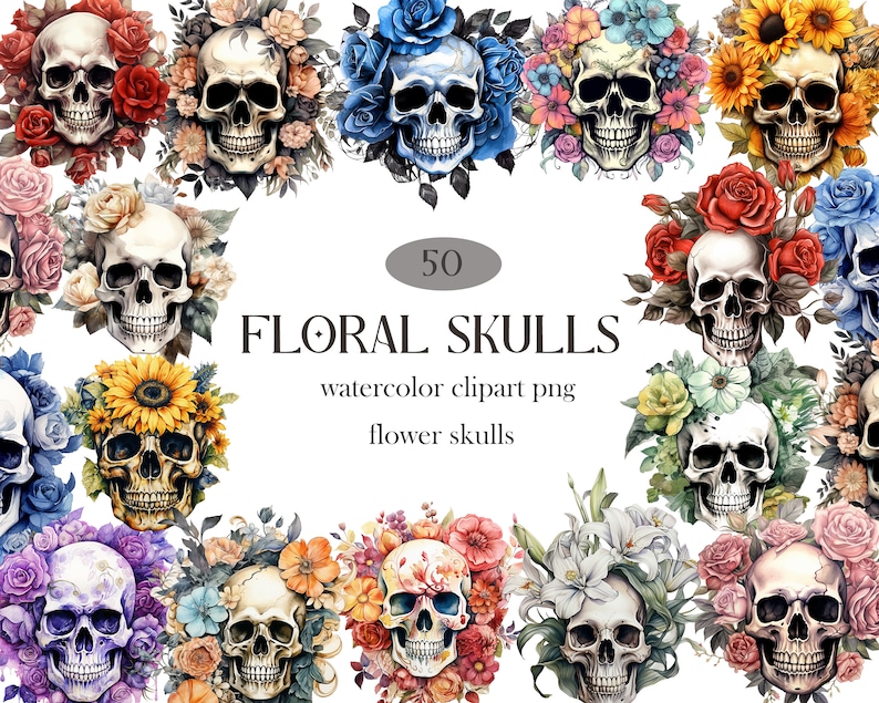 Watercolor Floral Skulls Clipart Flower Skulls PNG Halloween - Etsy