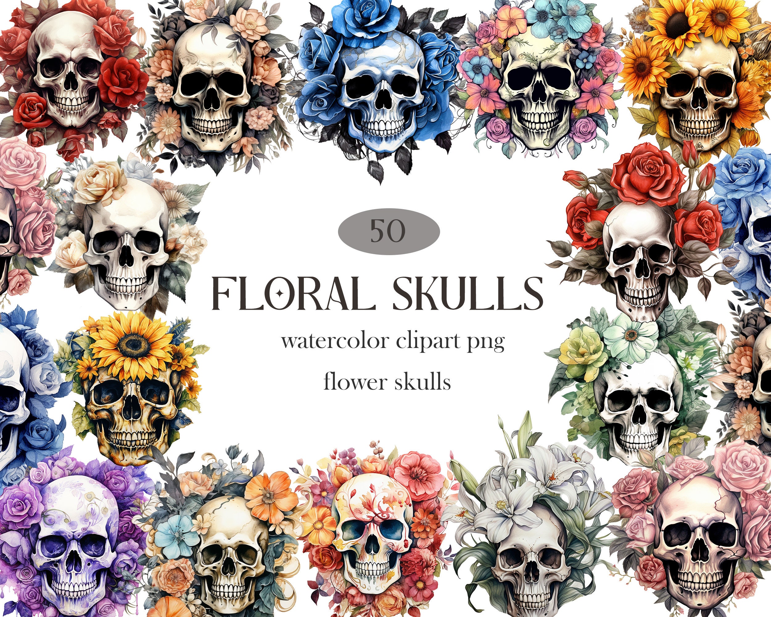 Watercolor Floral Skulls Clipart Flower Skulls PNG Halloween - Etsy