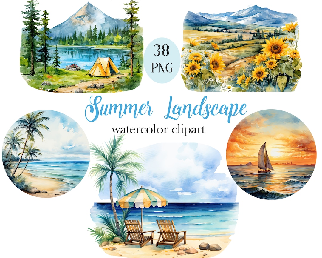 Summer Landscape Clipart, Watercolor Summer Scenery PNG Bundle, Beach ...