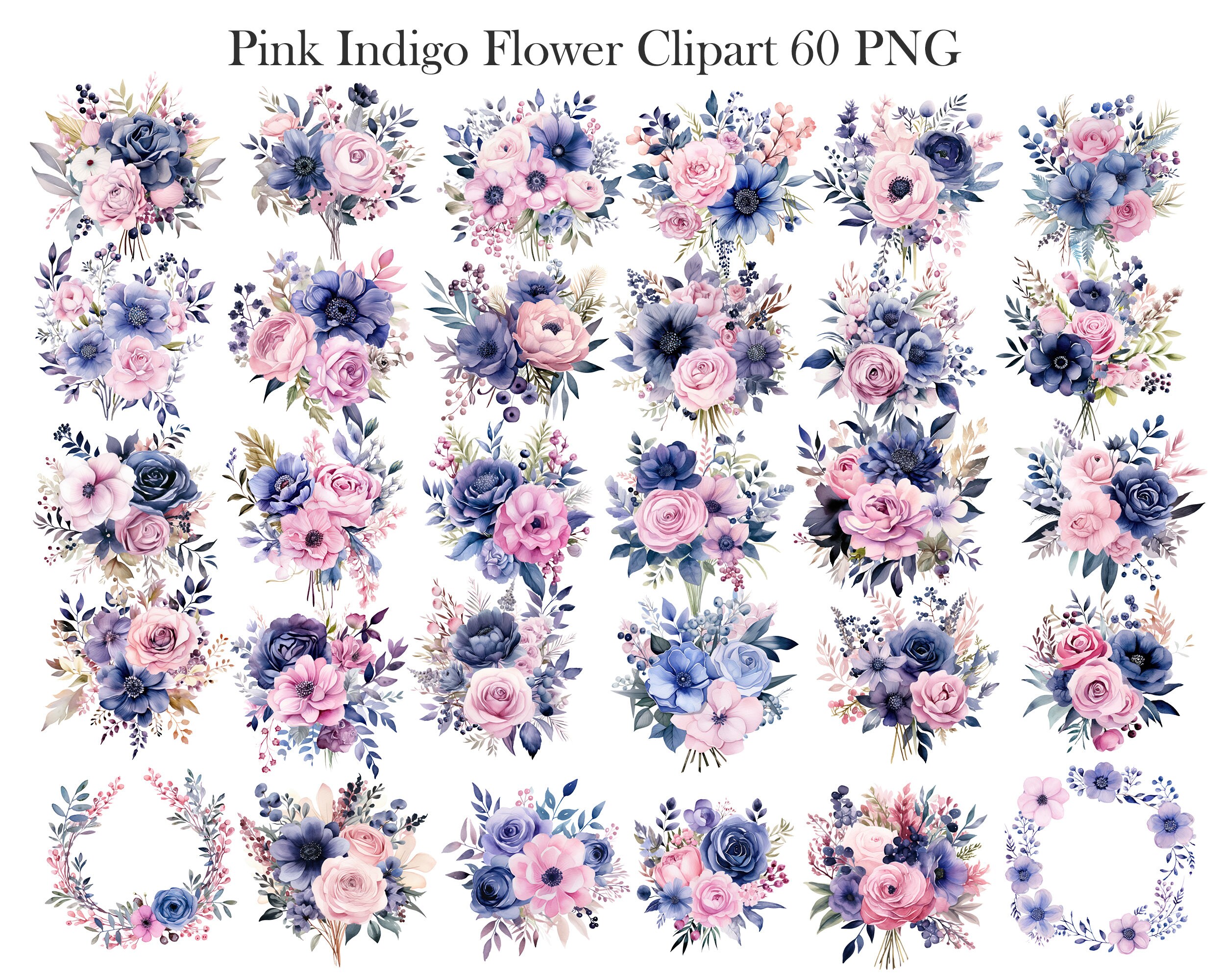 Pink Indigo Flower Clipart, Watercolor Flower PNG, Floral Bouquet ...
