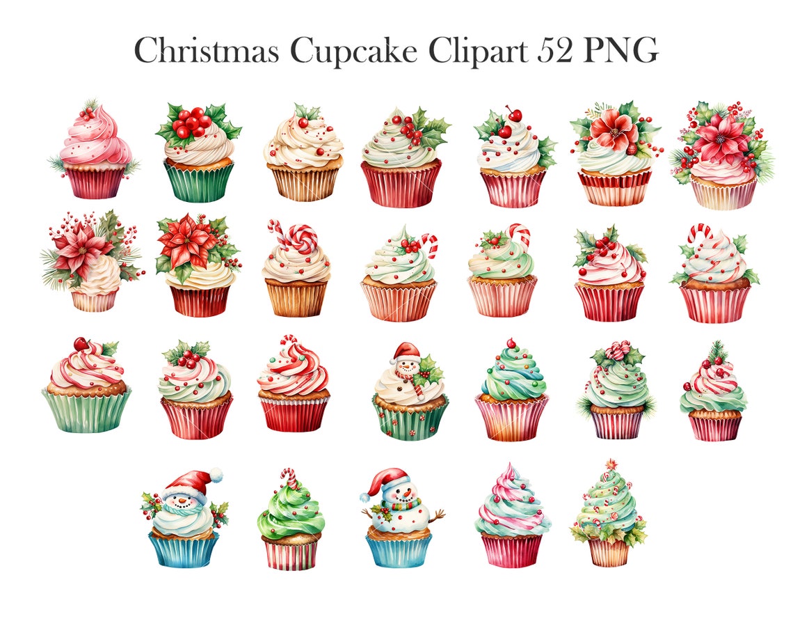 Christmas Cupcake Clipart Bundle, Watercolor Christmas Dessert PNG ...