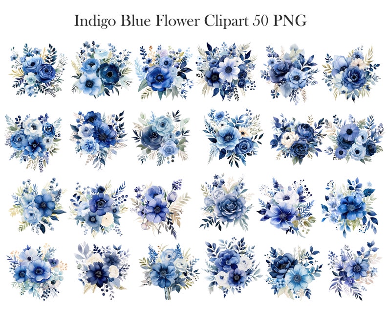 Indigo Blue Flower PNG, Watercolor Blue Floral Clipart Bundle, Wedding ...