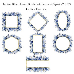 Indigo Blue Flower Border Clipart, Watercolor Flower Borders PNG Bundle ...