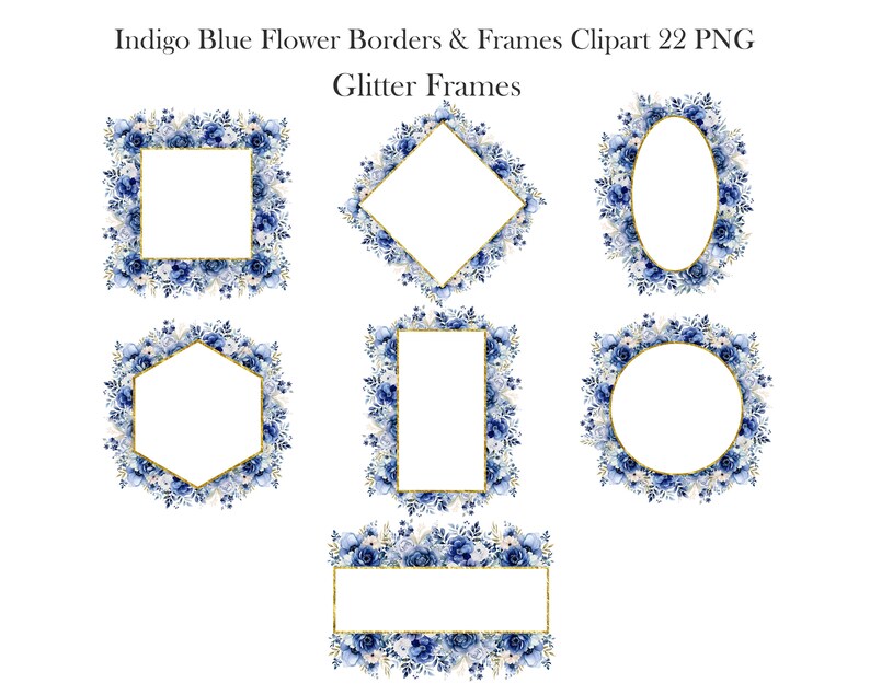 Indigo Blue Flower Border Clipart, Watercolor Flower Borders PNG Bundle ...