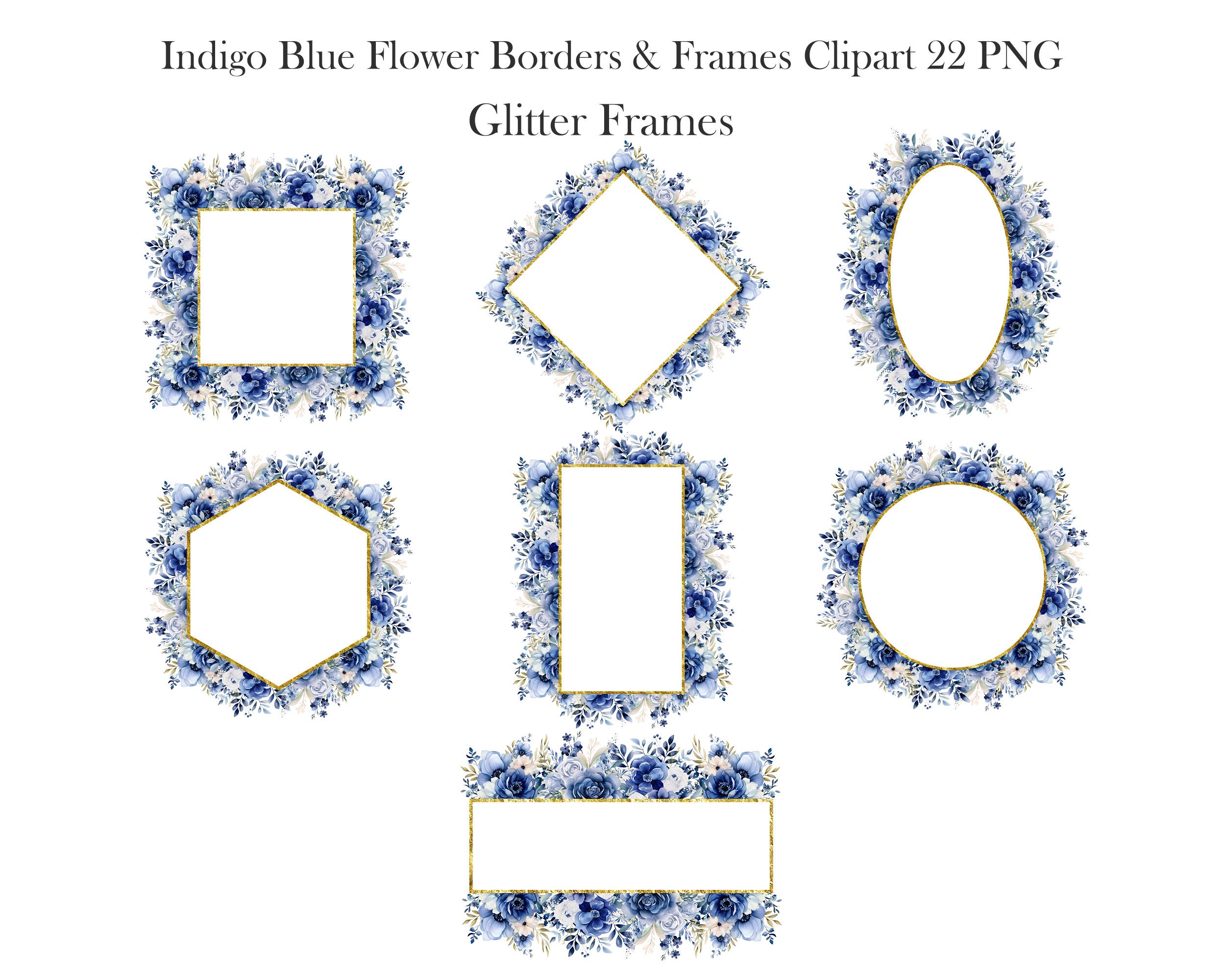 Indigo Blue Flower Border Clipart, Watercolor Flower Borders PNG Bundle ...