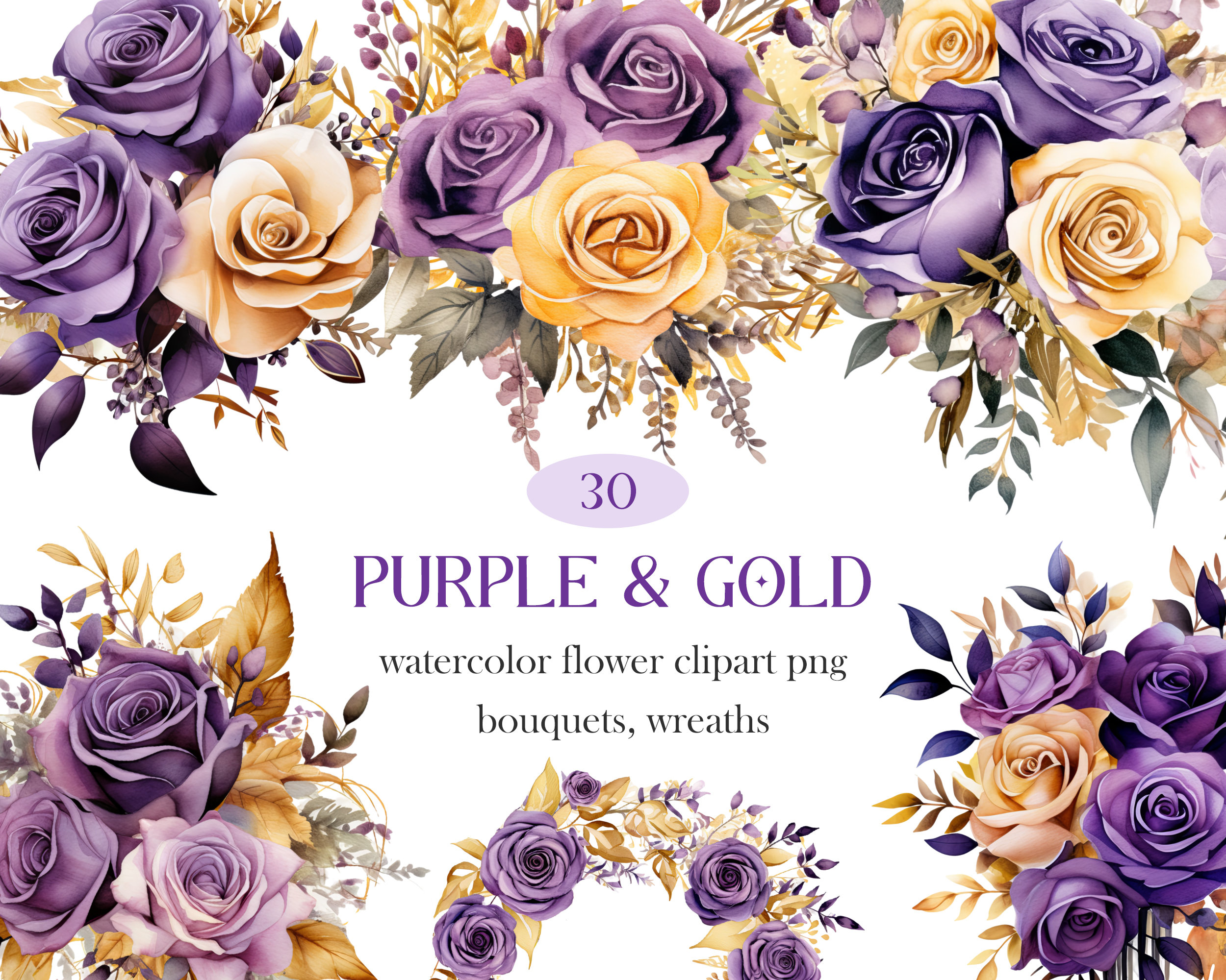 Purple Flower PNG, Watercolor Purple Gold Rose Clipart Bundle, Floral ...