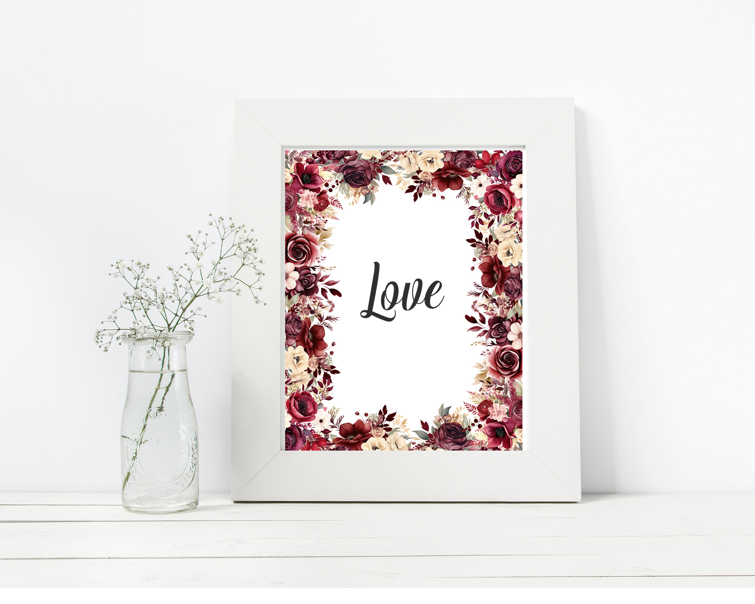 Burgundy Flower Border Clipart, Watercolor Flower Border PNG, Wedding ...