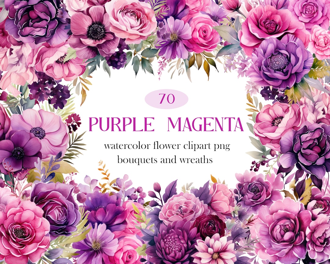 Purple Magenta Flower PNG, Watercolor Floral Clipart Bundle, Wedding ...