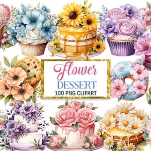Flower Dessert Clipart, Watercolor Dessert PNG Bundle, Sweet Treats ...