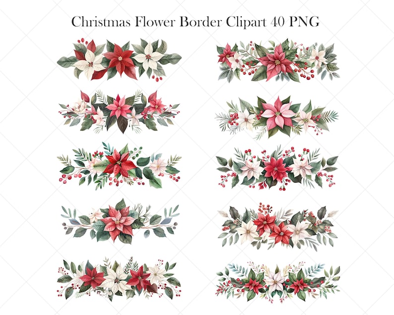 Christmas Border Clipart, Watercolor Poinsettia PNG, Christmas Flower ...
