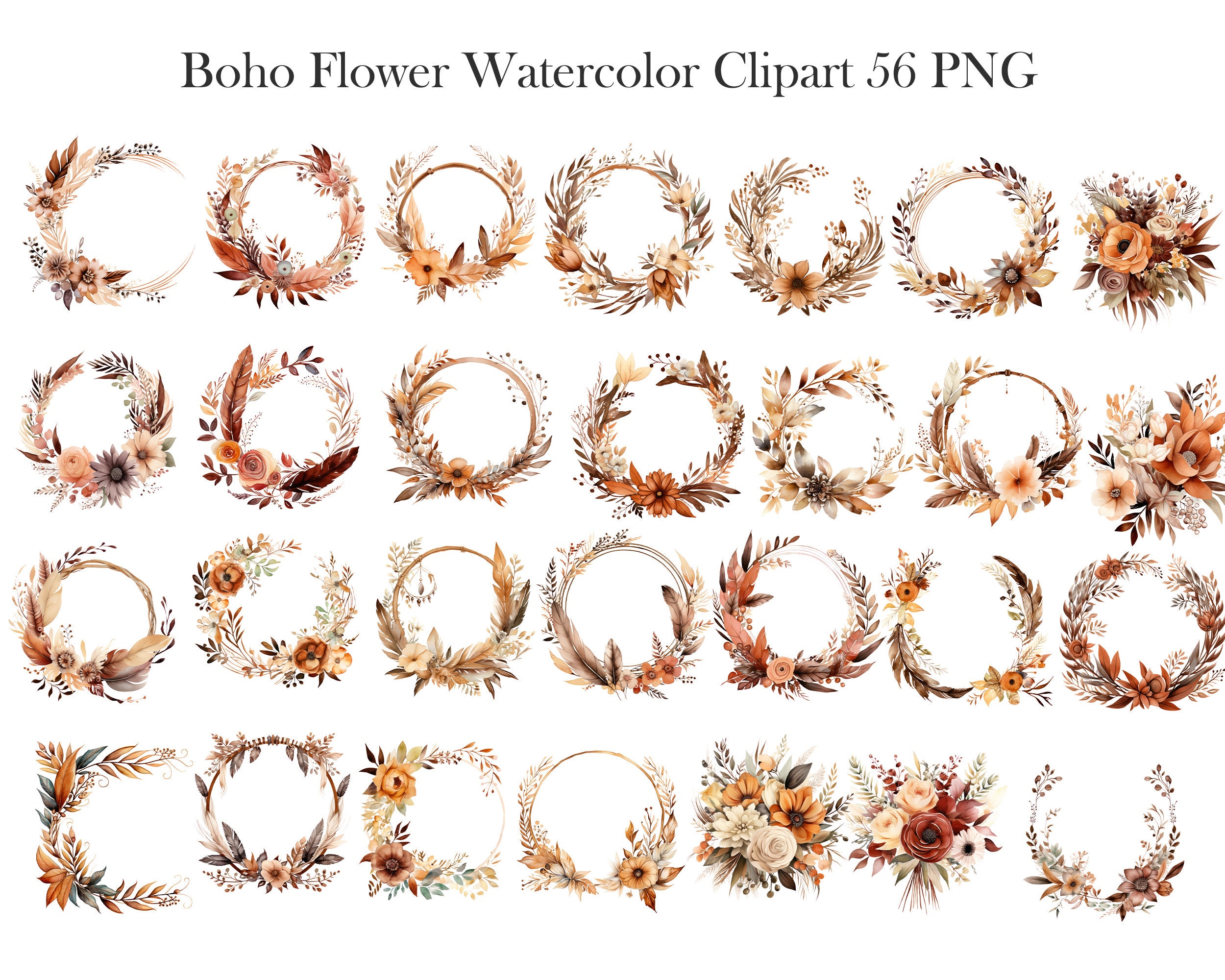 Boho Flower Watercolor Clipart, Wedding Flowers Bouquet PNG, Watercolor ...