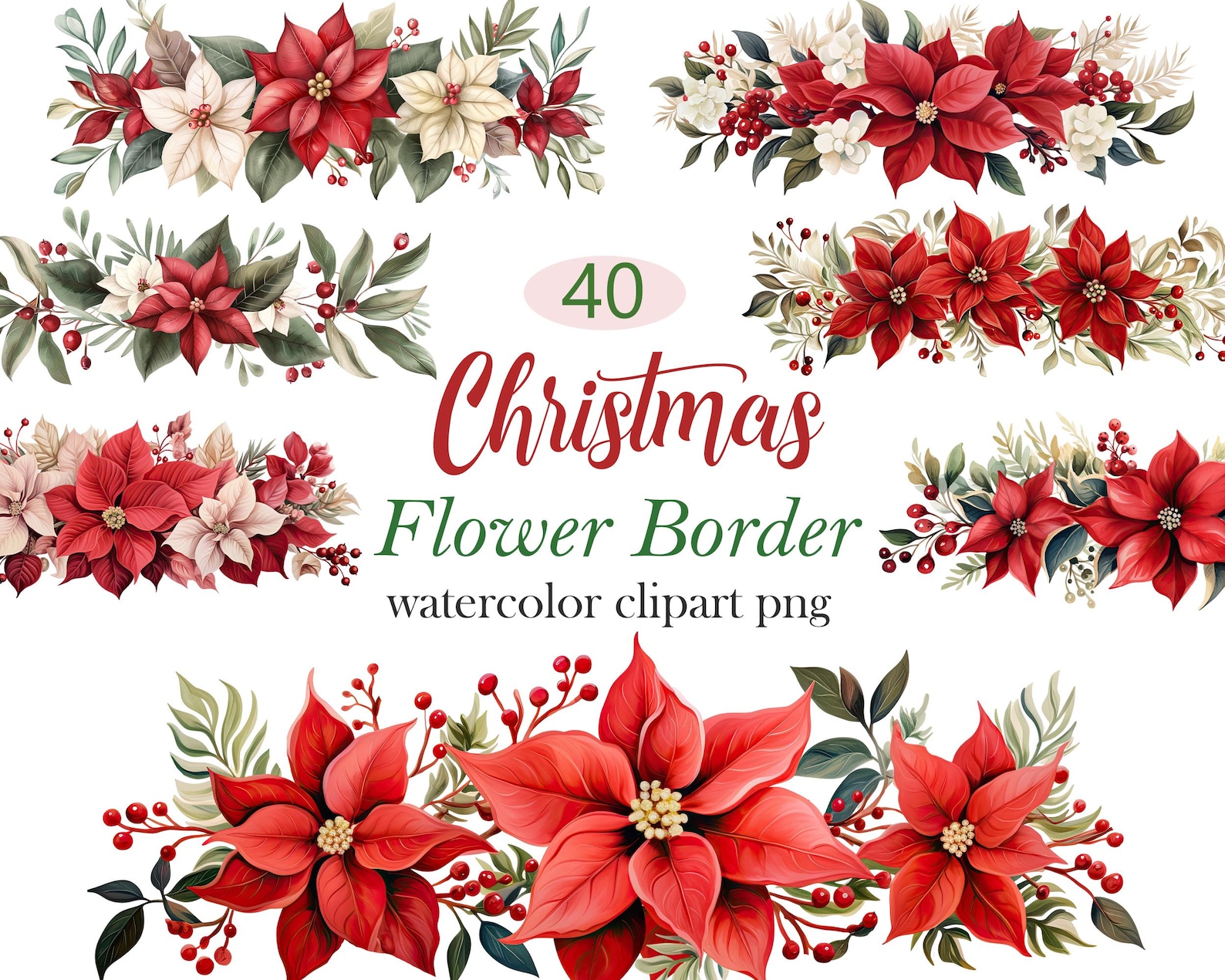 Christmas Border Clipart, Watercolor Poinsettia PNG, Christmas Flower ...