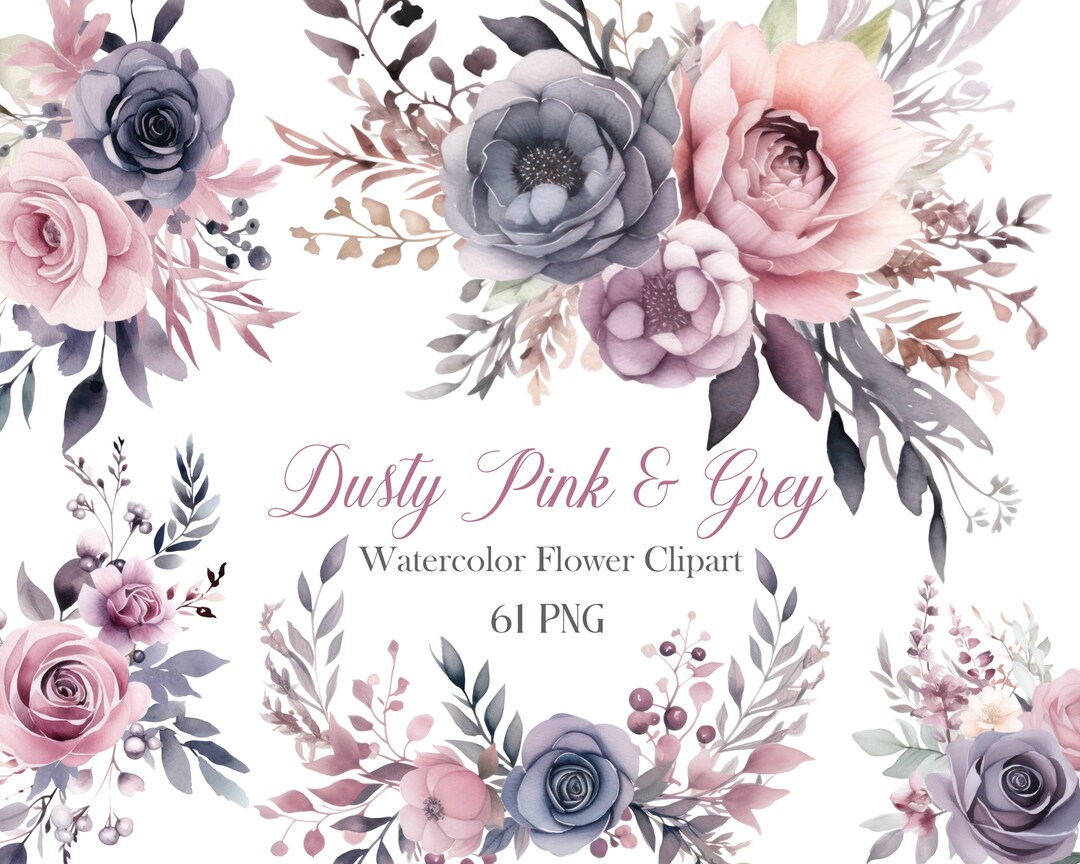 Dusty Pink Grey Flower Clipart, Dusty Rose PNG, Wedding Bouquet, Spring ...