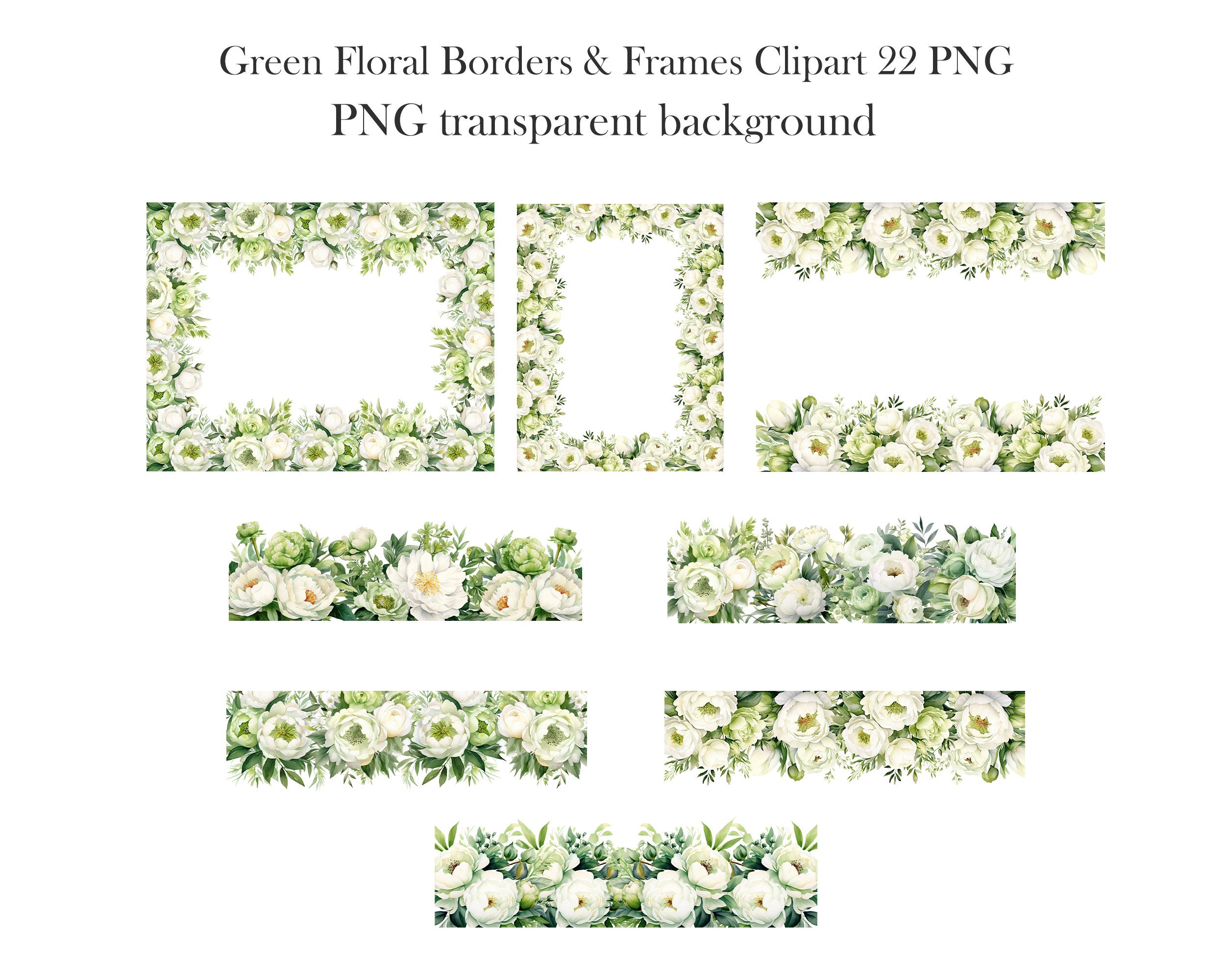 Green Flower Border Clipart, Watercolor Floral Border PNG Bundle ...