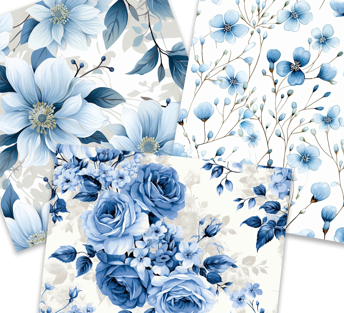 Blue Flower Digital Paper, Watercolor Floral Background, Scrapbook ...