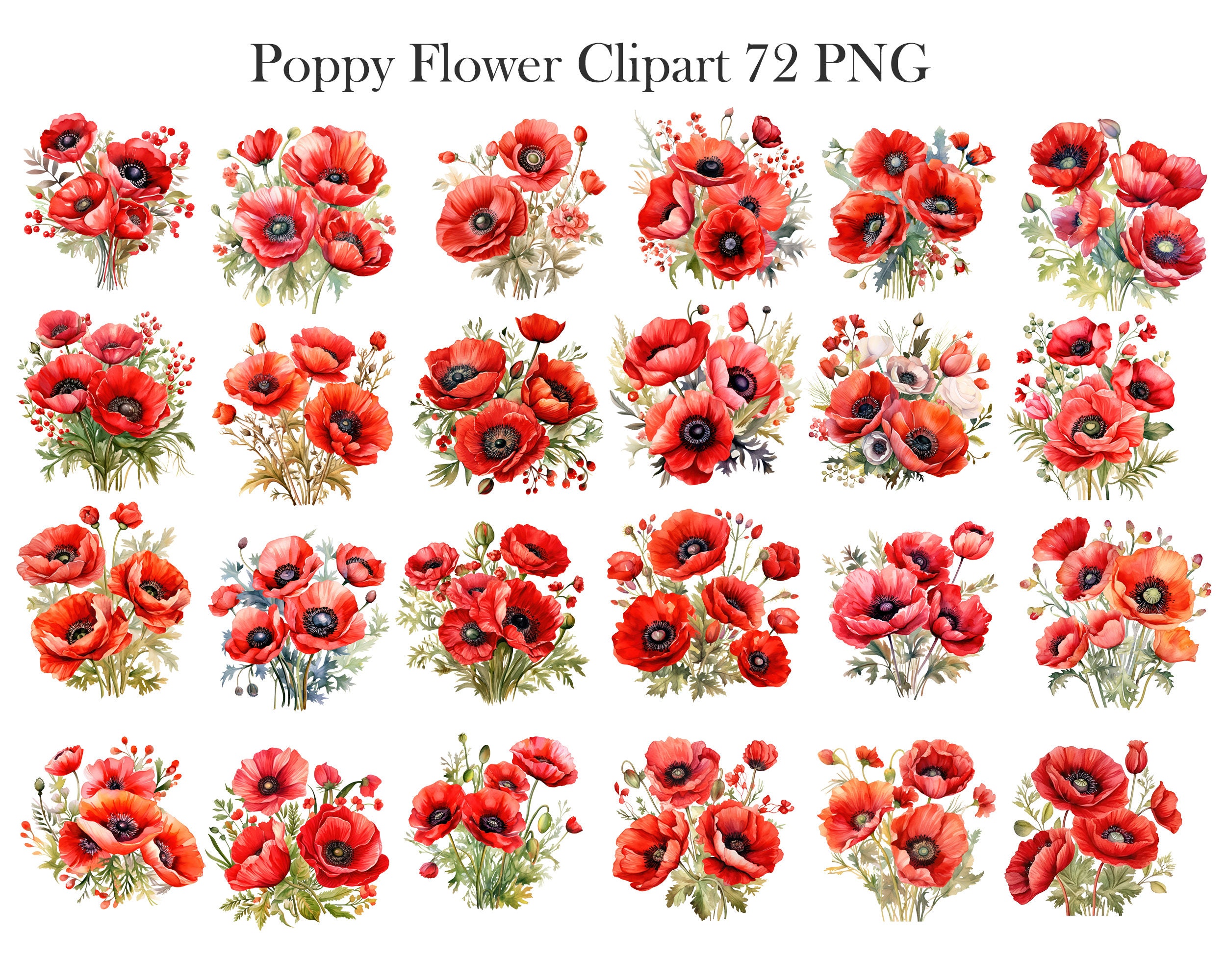 Poppy Flower PNG Clipart, Watercolor Floral PNG, Red Poppy Bouquet ...