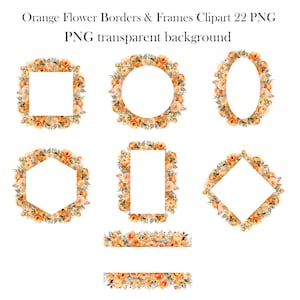 Orange Flower Border Clipart, Watercolor Orange Floral PNG Bundle ...