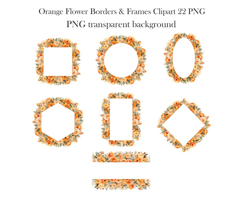 Orange Flower Border Clipart, Watercolor Orange Floral PNG Bundle ...