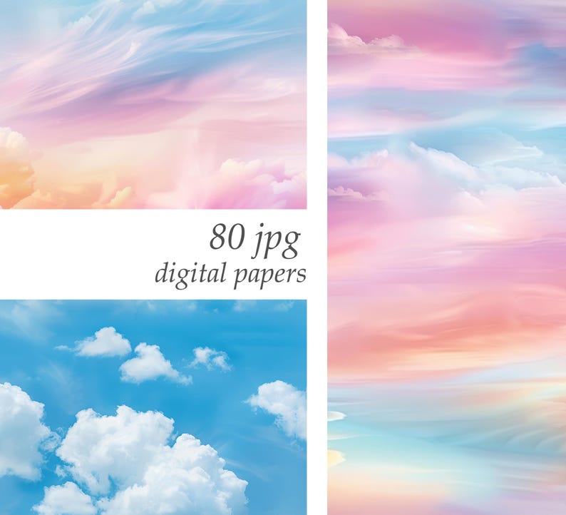 Pastel Sky Digital Paper, Sky Background Bundle, Cloud, Texture ...