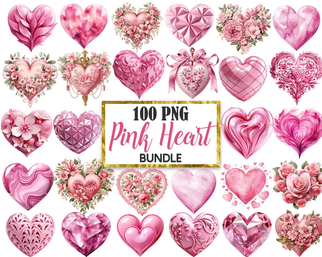 Pink Heart PNG, Watercolor Heart Clipart Bundle, Valentine, Heart ...