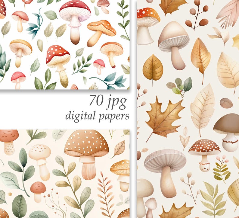Mushroom Digital Paper, Mushroom Background Bundle, Scrapbook Paper ...
