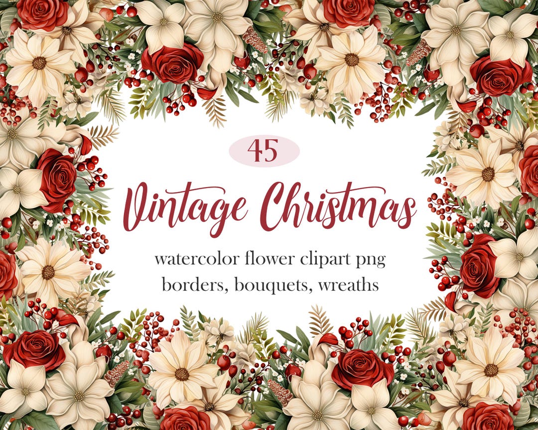 Vintage Christmas Flower Clipart, Watercolor Christmas Floral PNG ...