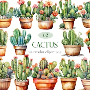 Watercolor Cactus Clipart Bundle, Desert Cactus PNG Clipart, Potted ...