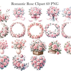 Pink Rose PNG, Watercolor Pink Rose Clipart Bundle, Wedding Bouquet ...