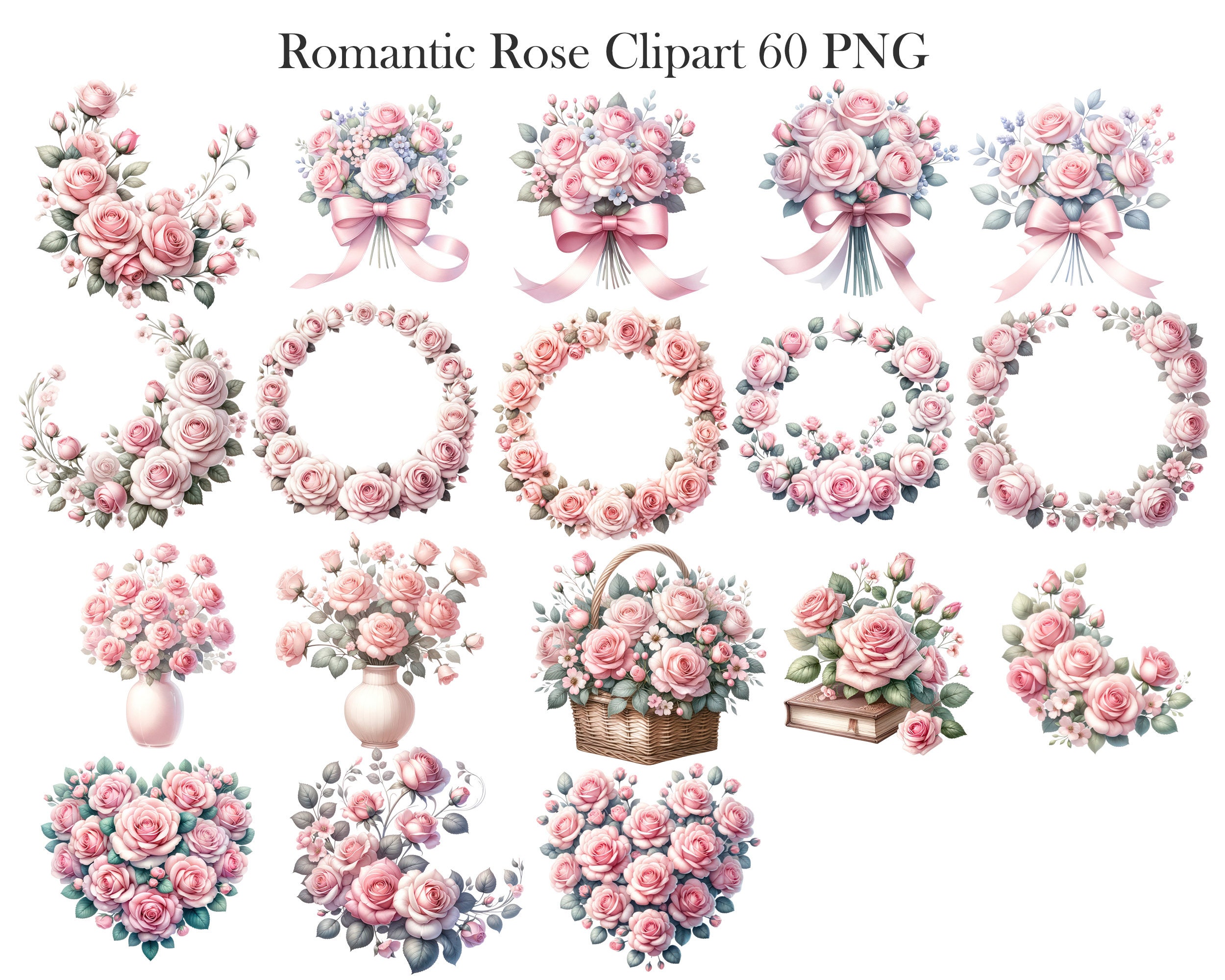 Pink Rose PNG, Watercolor Pink Rose Clipart Bundle, Wedding Bouquet ...