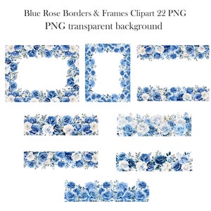 Blue Rose Border Clipart, Watercolor Flower Border PNG Bundle, Wedding ...