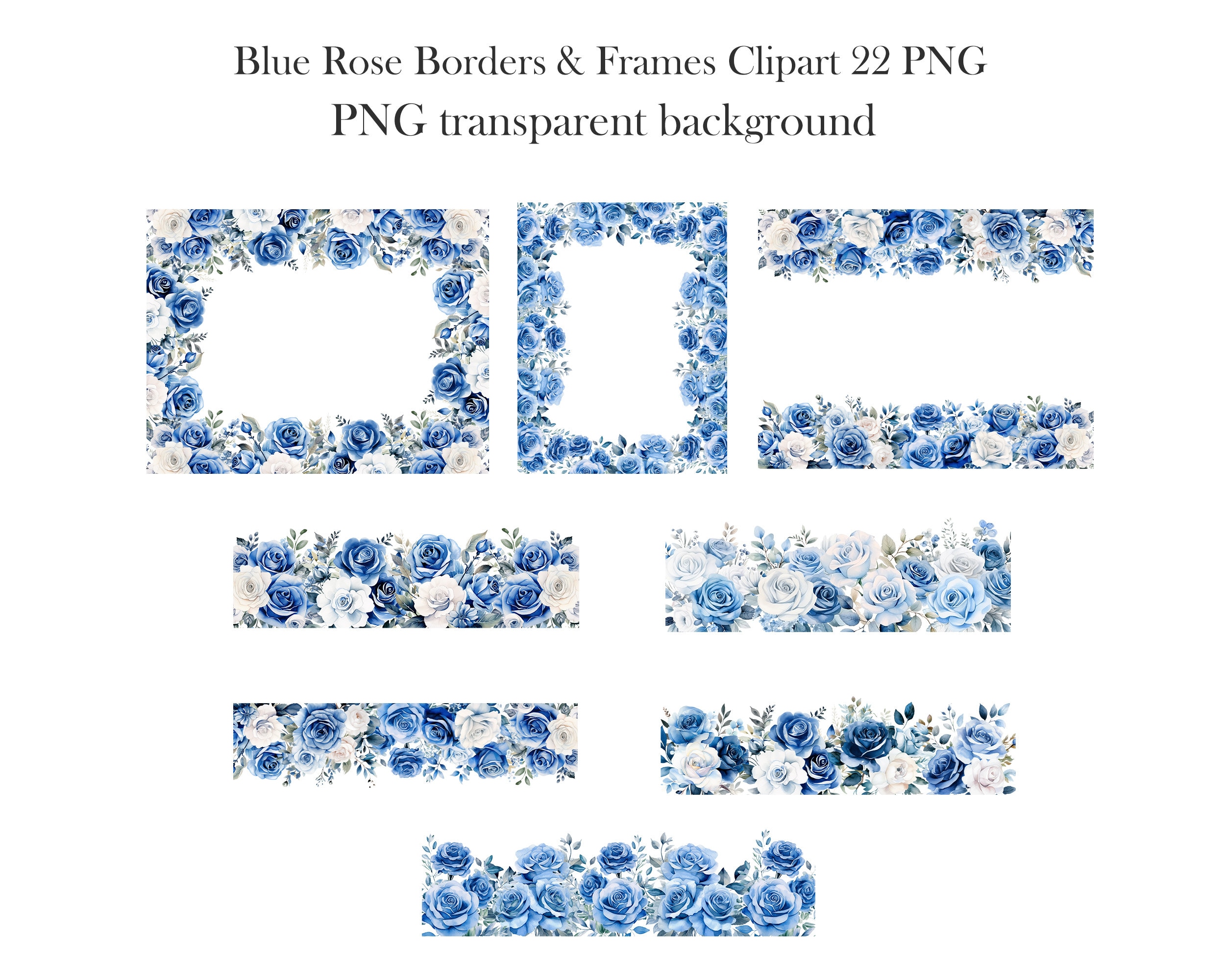 Blue Rose Border Clipart, Watercolor Flower Border PNG Bundle, Wedding ...
