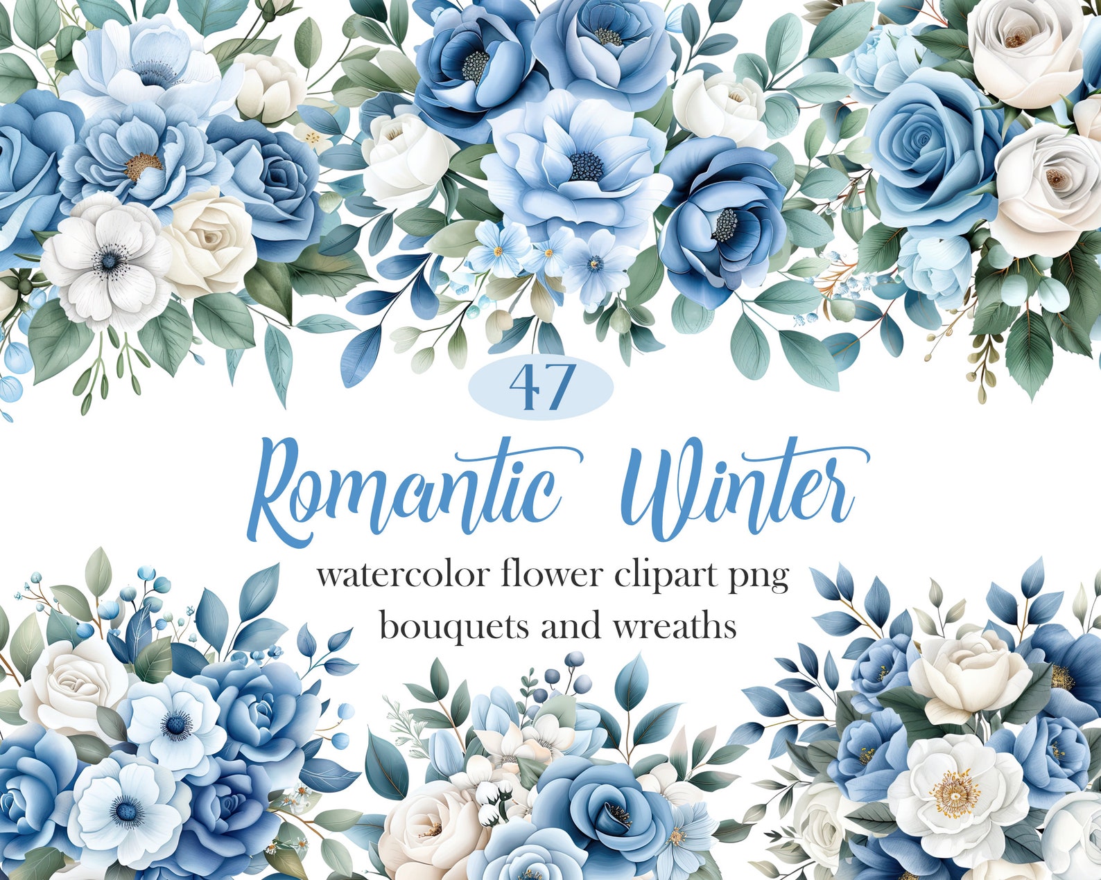 Winter Flower PNG, Watercolor Blue Floral Clipart Bundle, Wedding ...
