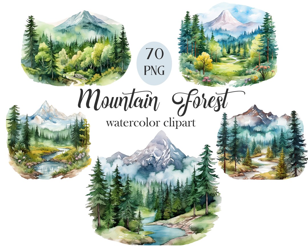 Mountain Clipart, Watercolor Mountain Forest Clipart, Mountain PNG ...