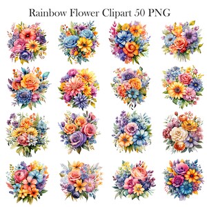 Rainbow Flower PNG, Watercolor Floral Clipart Bundle, Colorful Flower ...