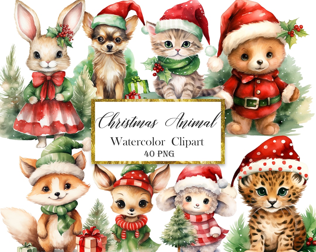 Christmas Animal Clipart, Watercolor Christmas Animal PNG, Christmas ...
