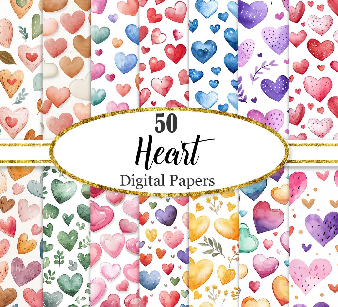 Heart Digital Paper, Valentine Background, Watercolor Heart, Scrapbook ...