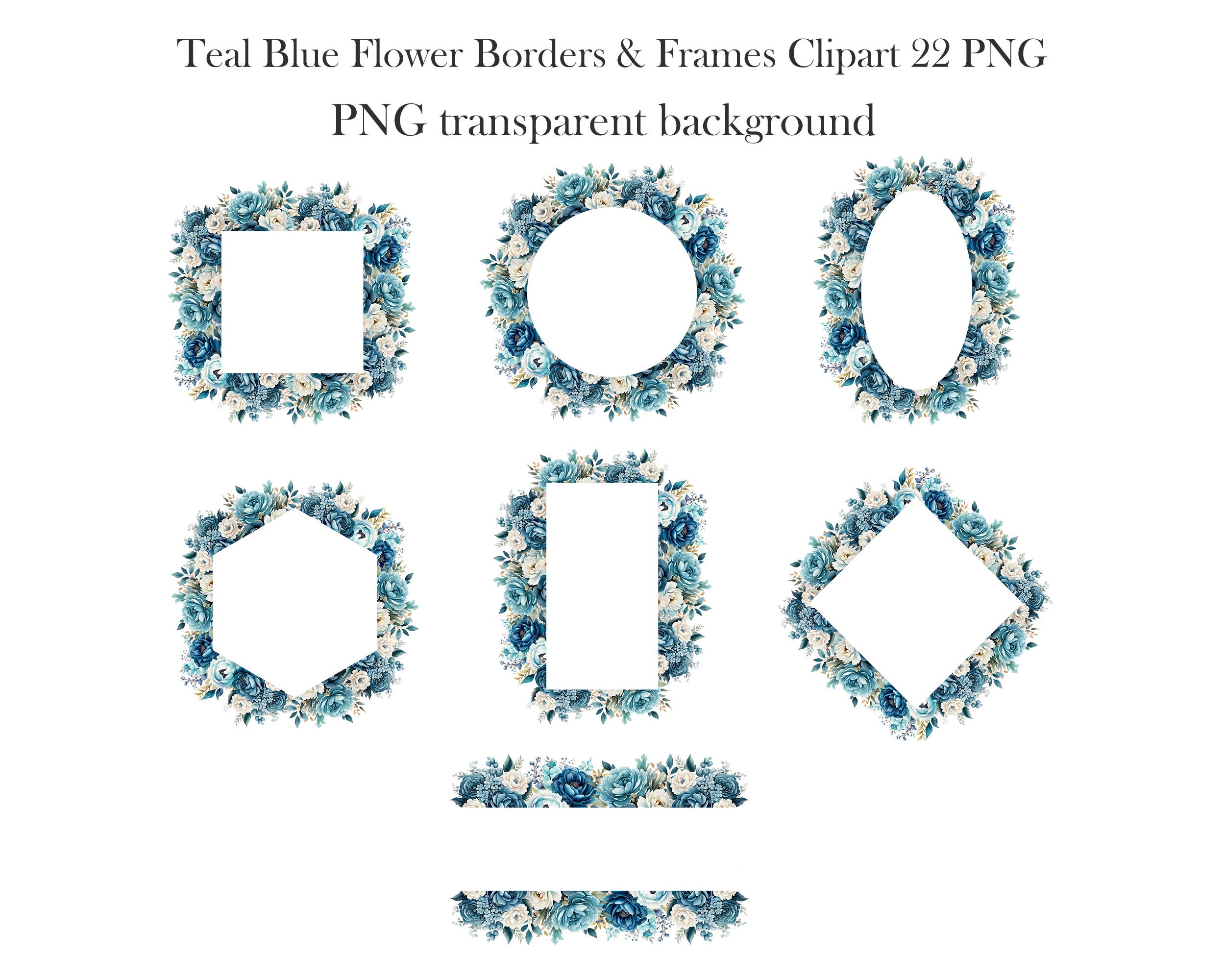 Teal Blue Flower Border Clipart, Watercolor Blue Floral PNG, Flower ...