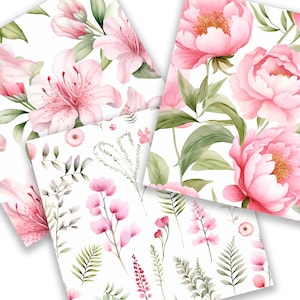 Pink Flower Digital Paper Bundle, Watercolor Flower Background ...