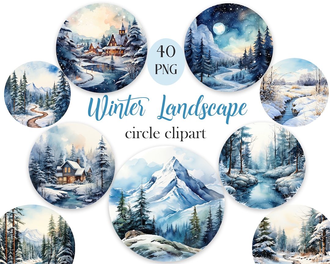 Winter Landscape Clipart, Watercolor Winter Scenery Circle Clipart ...