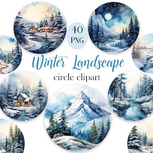Winter Landscape Clipart, Watercolor Winter Scenery Circle Clipart ...
