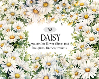 Pastel Daisy Watercolor Clipart, Daisy PNG Bundle, Daisy Bouquet Wreath ...
