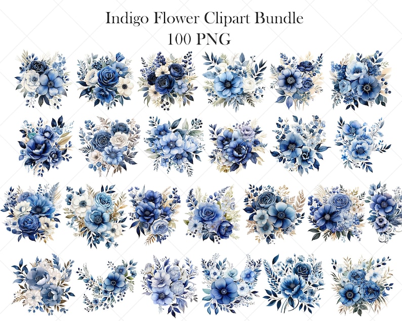 Indigo Blue Flower PNG Bundle, Watercolor Indigo Floral Clipart, Flower ...