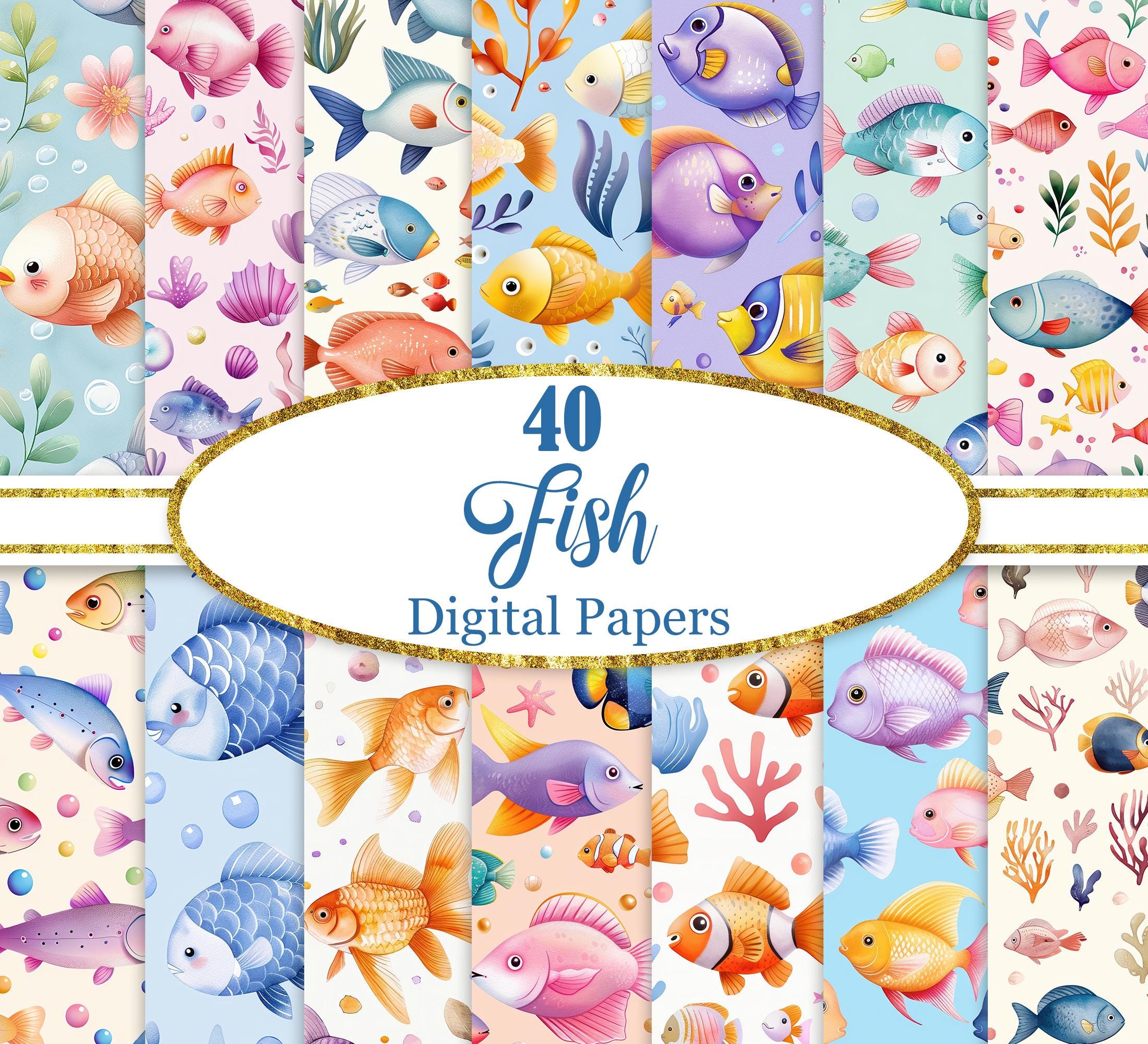 Fish Digital Paper, Fish Background Bundle, Scrapbook Paper, Digital ...