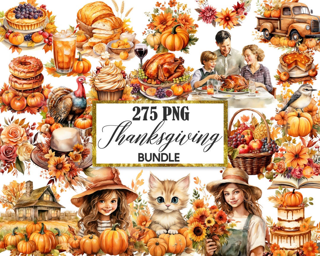 Thanksgiving PNG Bundle, Watercolor Thanksgiving Clipart Bundle, Fall ...