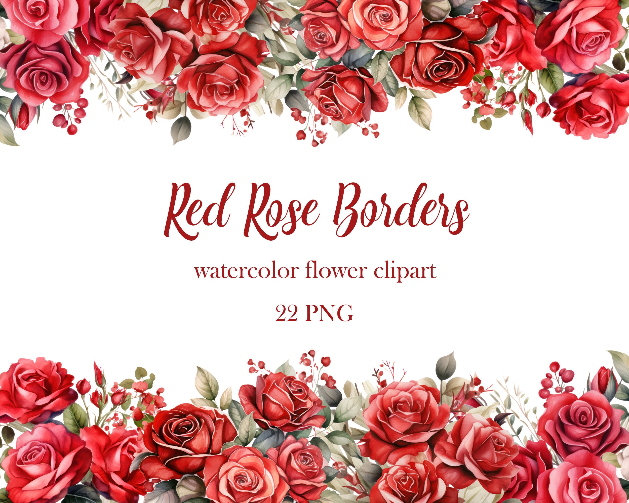 Red Rose Border Clipart, Watercolor Rose Border PNG Bundle, Flower ...