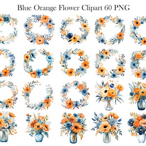 Blue Orange Flower PNG, Watercolor Blue Floral Clipart Bundle, Wedding ...
