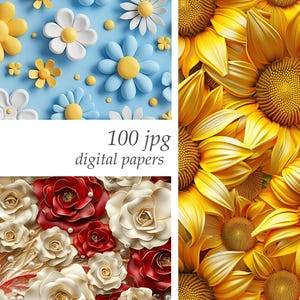 3D Flower Digital Paper, Flower Background, Scrapbook Papers, Spring ...